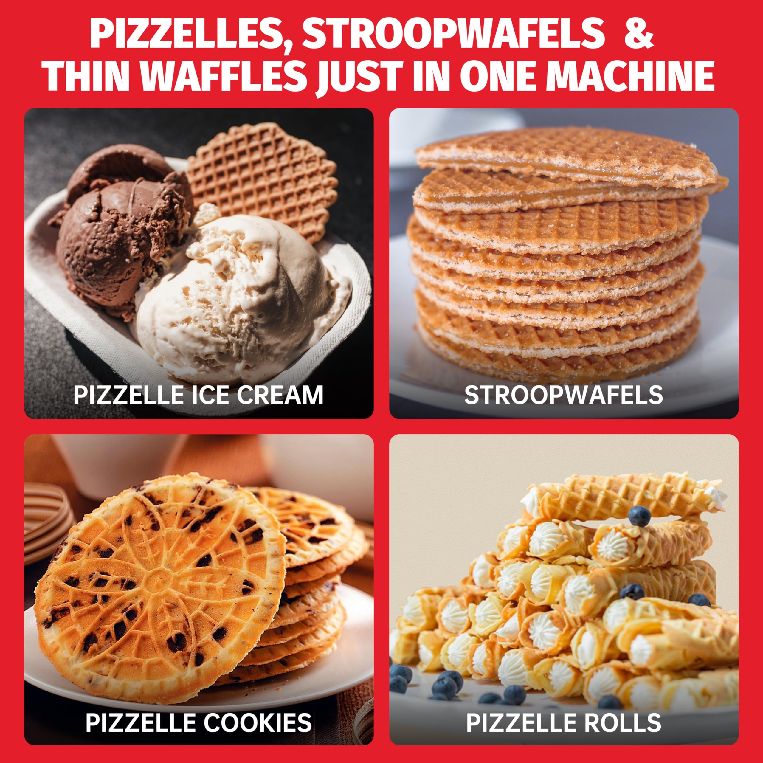 SugarWhisk Mini Pizzelle Maker Machine with a 3'' Cutter, Mini Stroopwafel Iron, Bake 2 x 4'' Pizzelles or 3'' Stroopwafels, Excellent for Holiday, Party, Dessert Treat Making & More