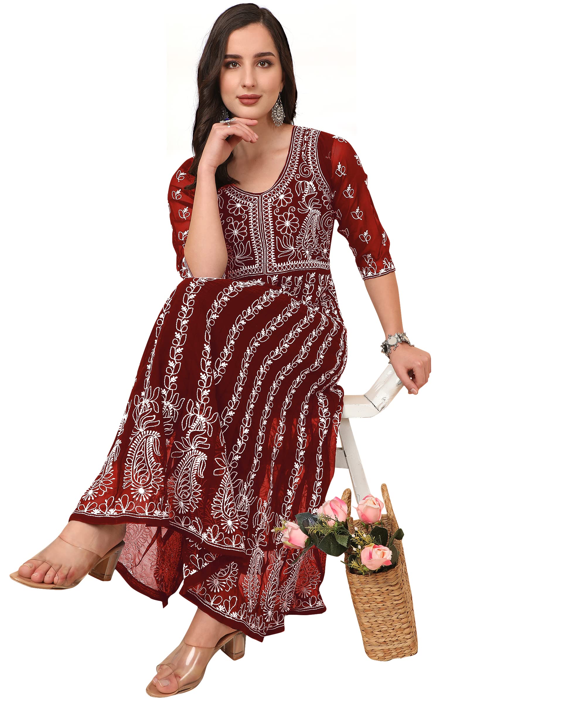 EthnicJunction Women's Georgette Chikankari Embroidery Anarkali Kurta (X Large) (Rust Orange)