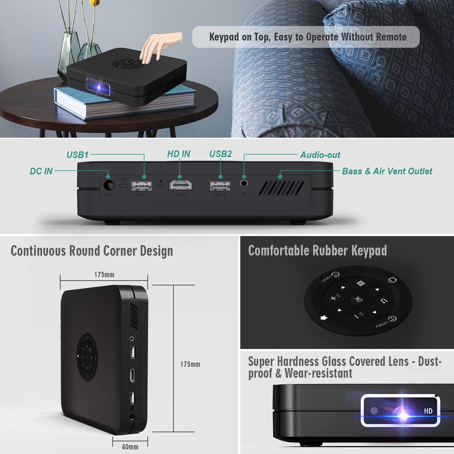 DLP Projector TOUMEI K1, Portable Movie Projector High Bright 350-ANSI, Android Smart Video Projector Support 1080P 300" MAX WiFi BT 4.2 HDMI iOS Android Mirroring Electric Focus Large Speakers