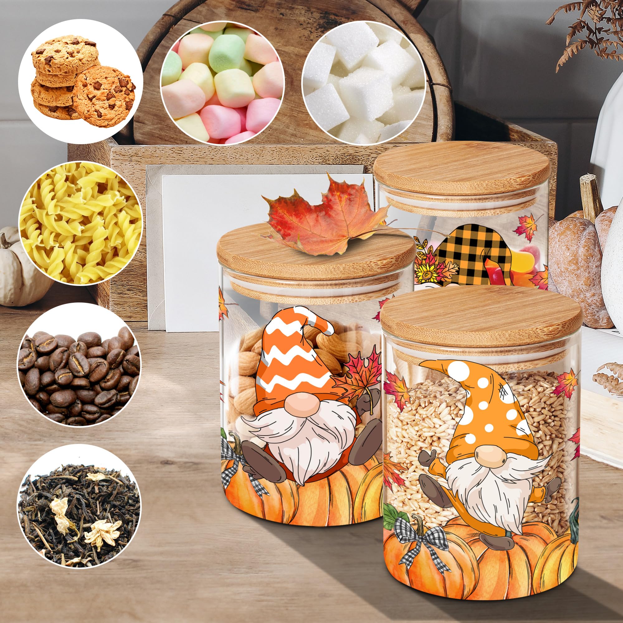 Fall Decor 3 Pack Glass Storage Jars with Airtight Bamboo Lid-Fall Pumpkin Gnomes Canisters Sets for Kitchen Countertop Autumn-Clear Fall Glass Storage Jars for Coffee Bean, Cookie, Candy, Tea, Flour