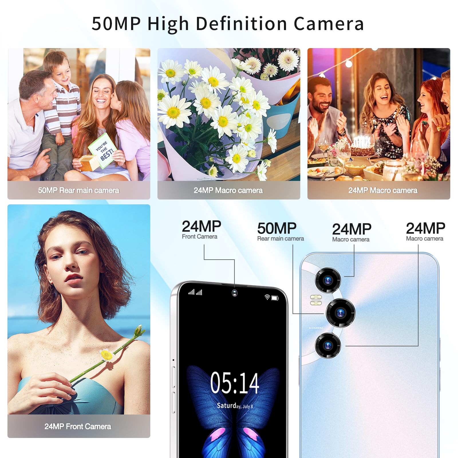 ExAchat U21 5G Smart Phone,Unlocked Cell Phones, 6.6" Screen, 5800mAh,6GB+256GB ROM+128GB SD Card, Snapdragon 8 Gen2 Processor, Android Phone with 50MP+24MP Camera, Face Unlock/Dual Sim - Black