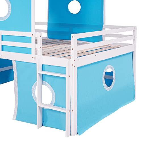 RORIGAT Castle Full Size Bunk Bed,Solid Wood Low Loft Bed Frame with Windows Slide, Tent and Tower,Bunk Bed for Kids Bedroom,Blue