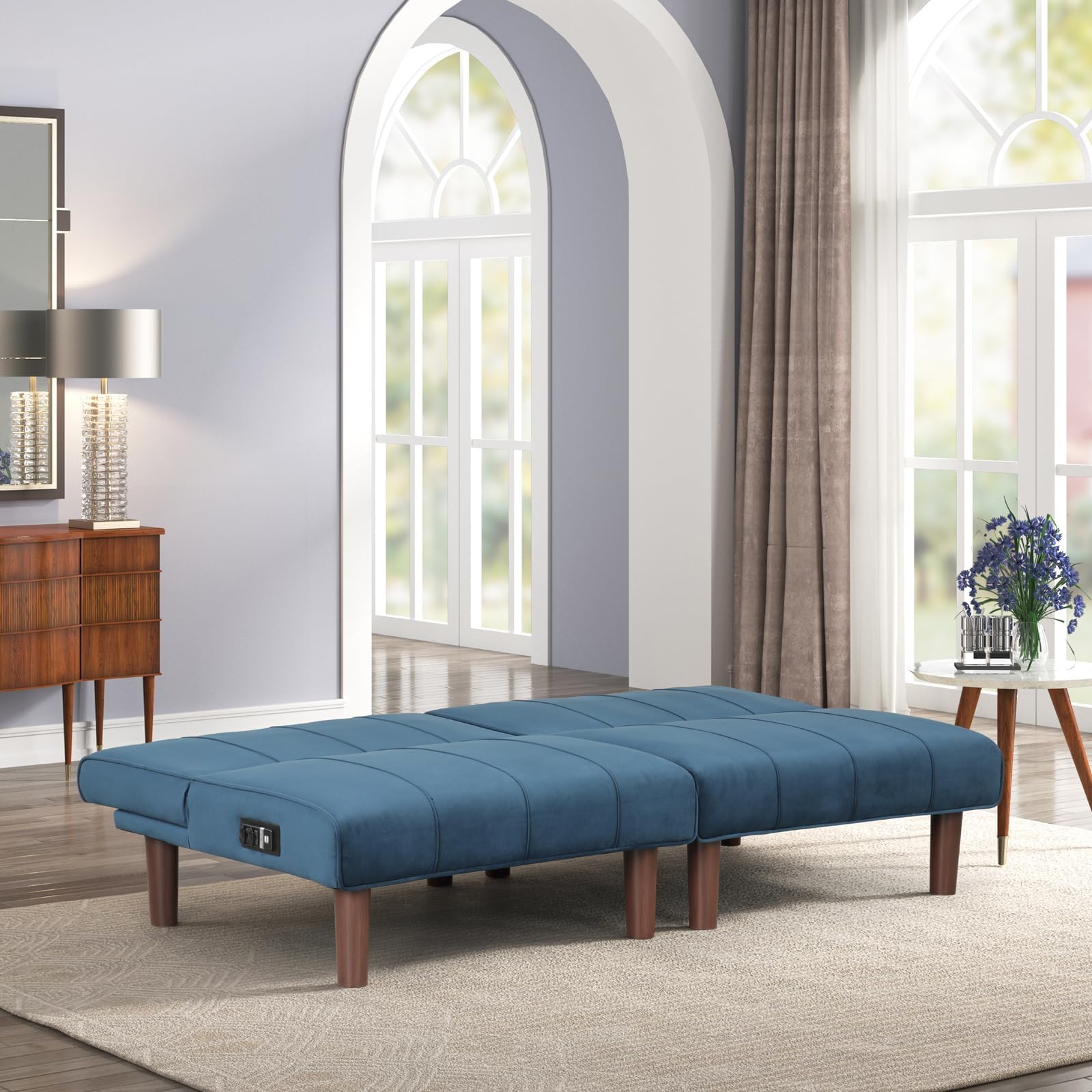 KAIRUITUCH Convertible Futon Sofa Bed Twin/USB, Foldable Loveseat Futon Couch Adjustable Backrest,2 Pack Small Sleeper Sofa for Living Room, Small Space, Apartment, Blue Fabric, 305BL1-BL1USB
