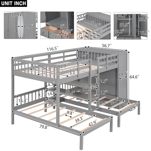 RORIGAT Twin&Twin Triple Bunk Bed with Large Wardrobe, Drawers and Shelves Storage, Wooden L-Shaped Bunkbed Frame w/Mirror for 3 Kids Teens Adults Bedroom, Full/Twin/Twin,Gray