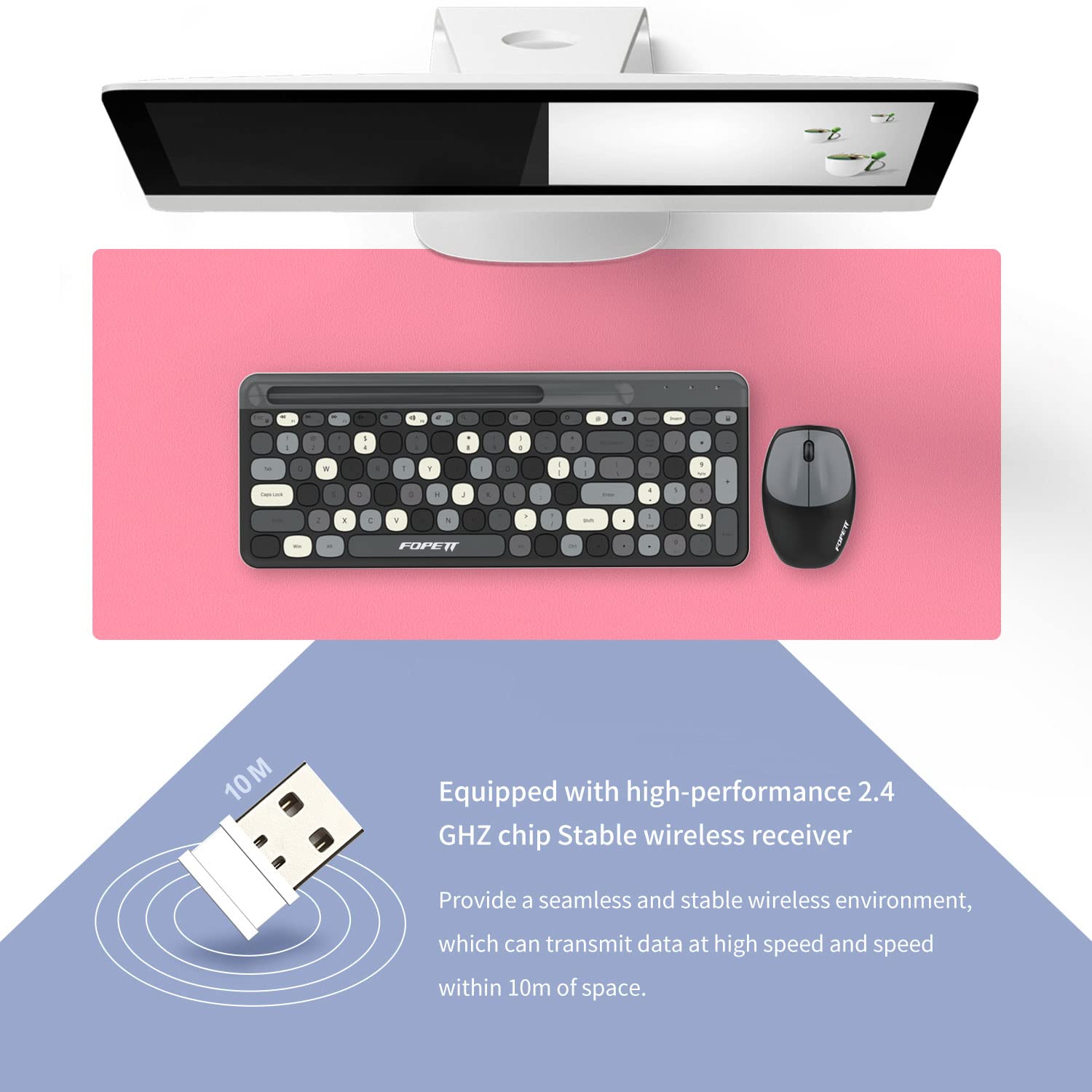 FOPETT Keyboard and Mouse Sets Wireless Keyboard and Mouse Sets,Reliable 2.4 GHz Connectivity for PC,Laptop,Smart TV and More (Grey Colorful)
