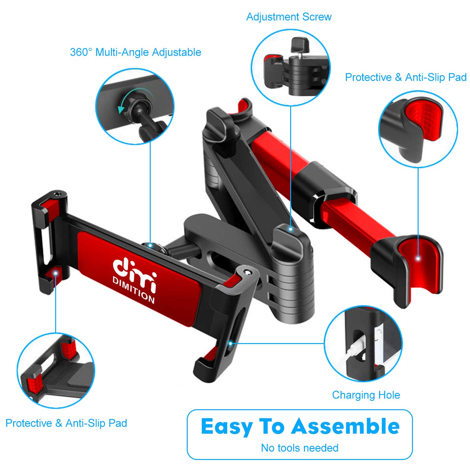 DM Tablet Holder for Car, Car Tablet Holder Back Seat for Kids, Headrest Tablet Holder Car Mount Compatible with iPad/Samsung Galaxy Tab/Switch/Kindle Fire/Microsoft Surface/Mobile Phone (Red)
