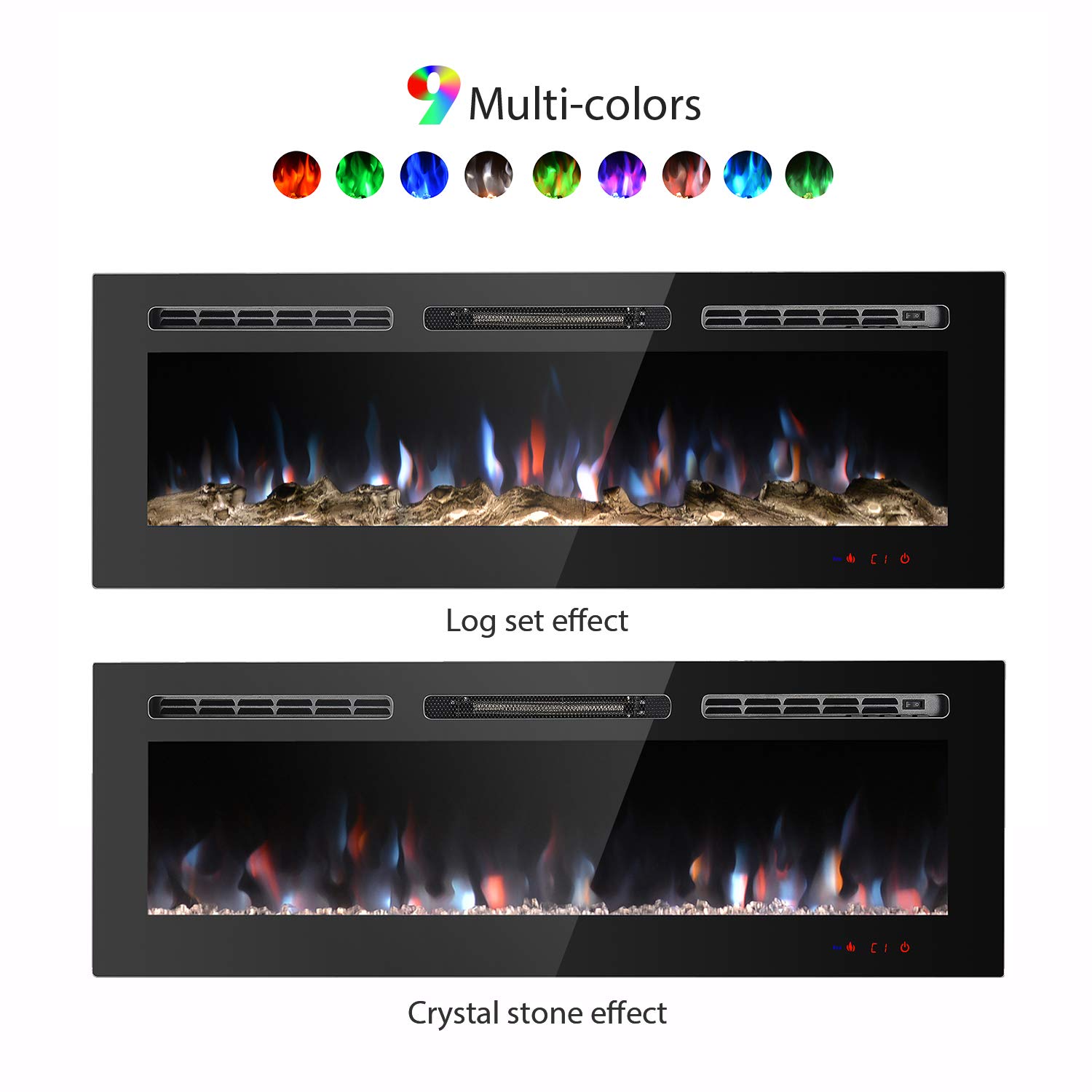 GMHome 80 Inches Wall Recessed Electric Fireplace Wall Mounted in-Wall Built Heater, Log Sets & Crystals, 9 Changeable Colors, with Remote, 1500W Fireplace, Black