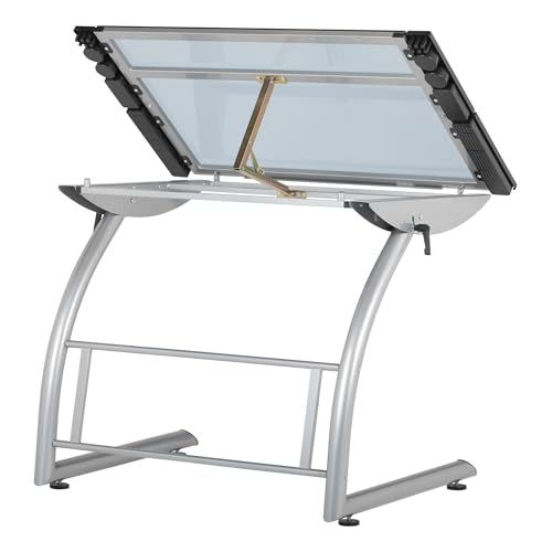 SD Studio Designs Triflex Drawing Table, Sit to Stand Up Adjustable Office Home Computer Desk, 35.25" W X 23.5" D, Silver/Blue Glass