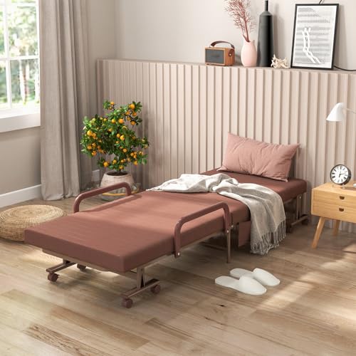 Giantex Folding Bed with Mattress, Foldable Portable Guest Bed w/Adjustable 6 Position & Side Storage Pocket, Fold up Bed on Wheels for Home, Roll Away Beds with Mattresses for Adults, Brown