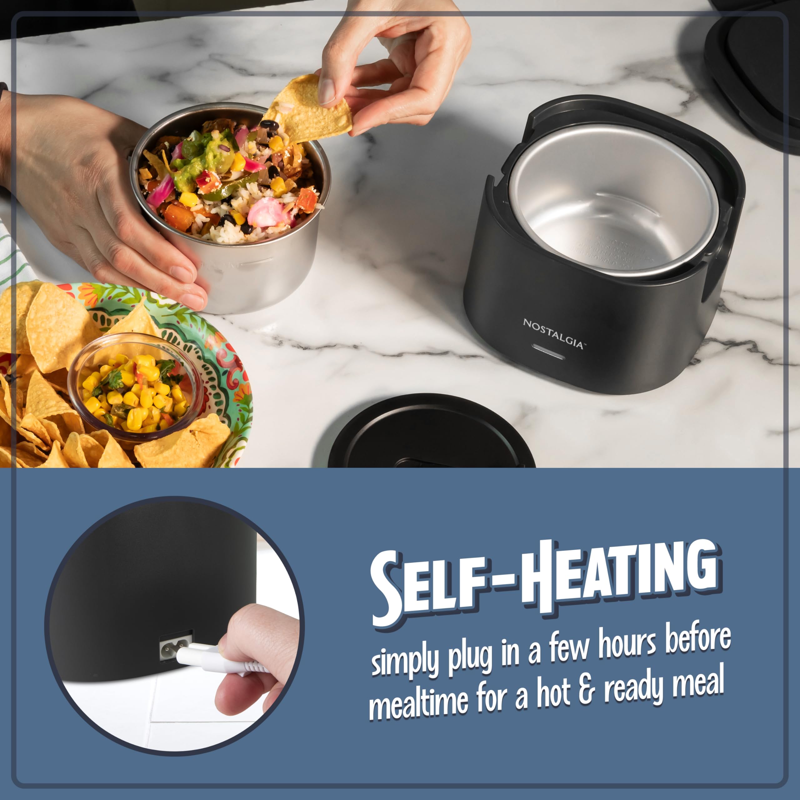Nostalgia Portable 20-Ounce Electric Heated Lunch Box – Travel Size 2.5 Cup Capacity for Soup, Chili, and Leftovers – Leak Proof Silicone Sealed Lid, Foldable Carry Handle, Detachable Cord – Black