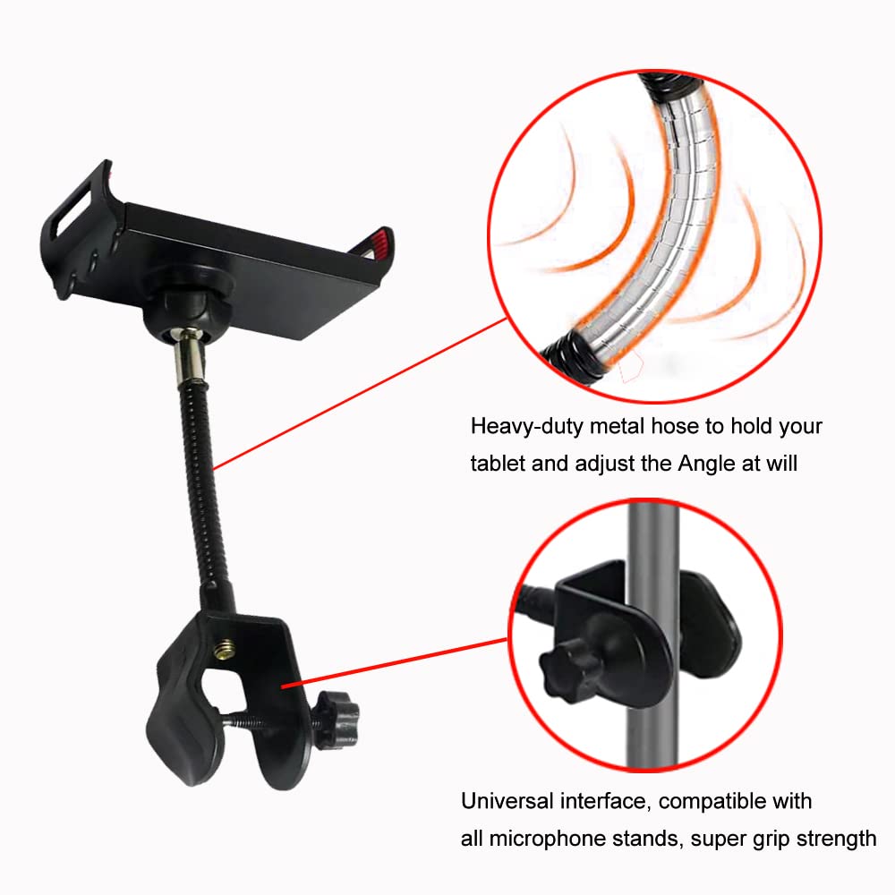 JCWINY Tablet Holder for Mic Stand, Flexible iPad Mic Music Stand Holder Smartphone Tablet Mount for Mic Stand Tripod for Sheet Music Fits iPad, iPhone, Android, All 4.7 to 12.9inch Screen Size