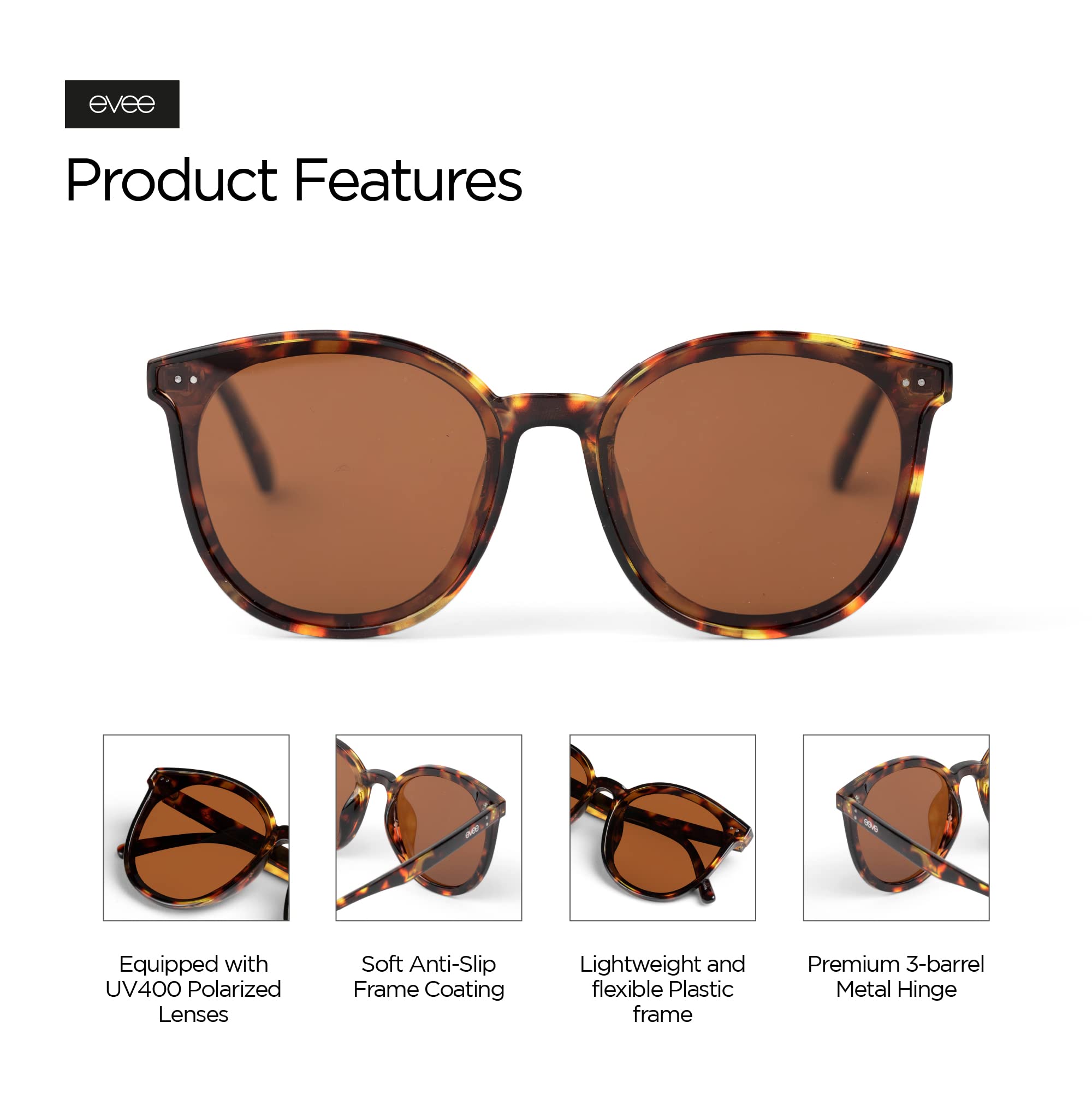 EVEE Classic Round Retro Sunglasses for Women and Men with Polarized Lens - (Billie) (Brown Tortoise)