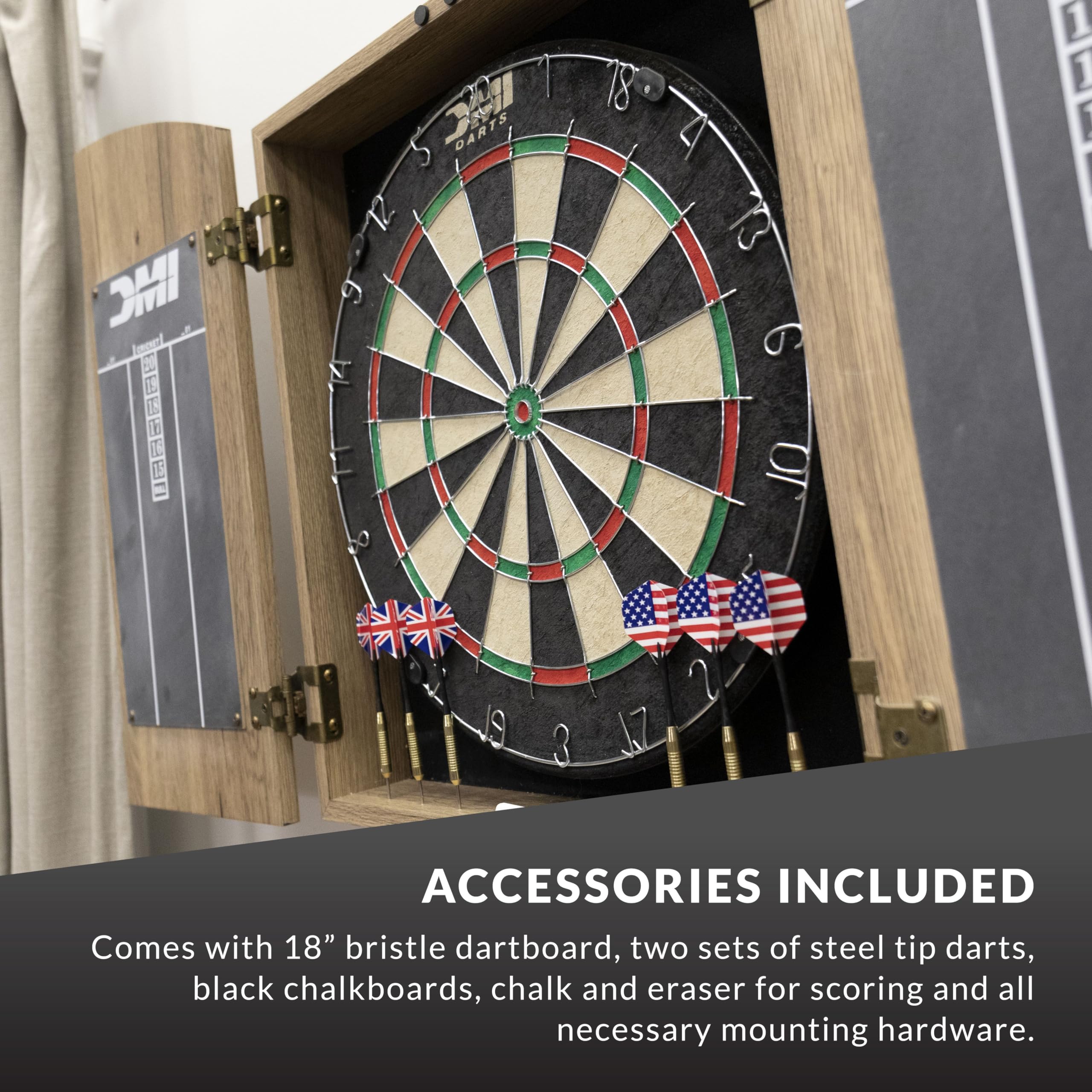 DMI Sports Deluxe Bristle Dartboard Cabinet Set Includes Two Steel Dart Sets with Rustic Rosewood Finish