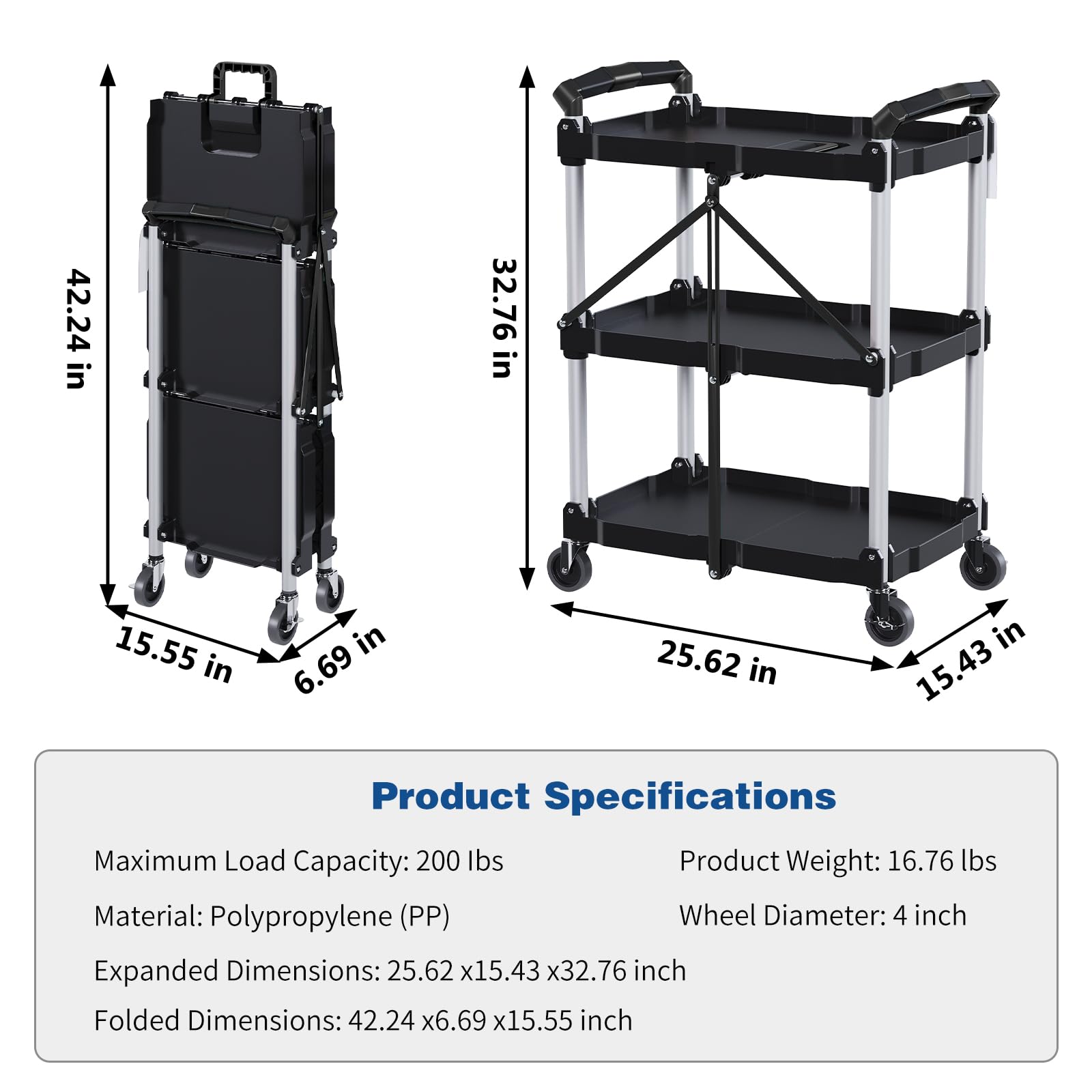 Kieperi Foldable Utility Cart Service Cart, 3 Shelf 200lbs Heavy Duty Plastic Rolling Cart with Lockable Wheels, Ergonomic Handle, Collapsible Metal Tool Cart for Office Home Garage (Black)