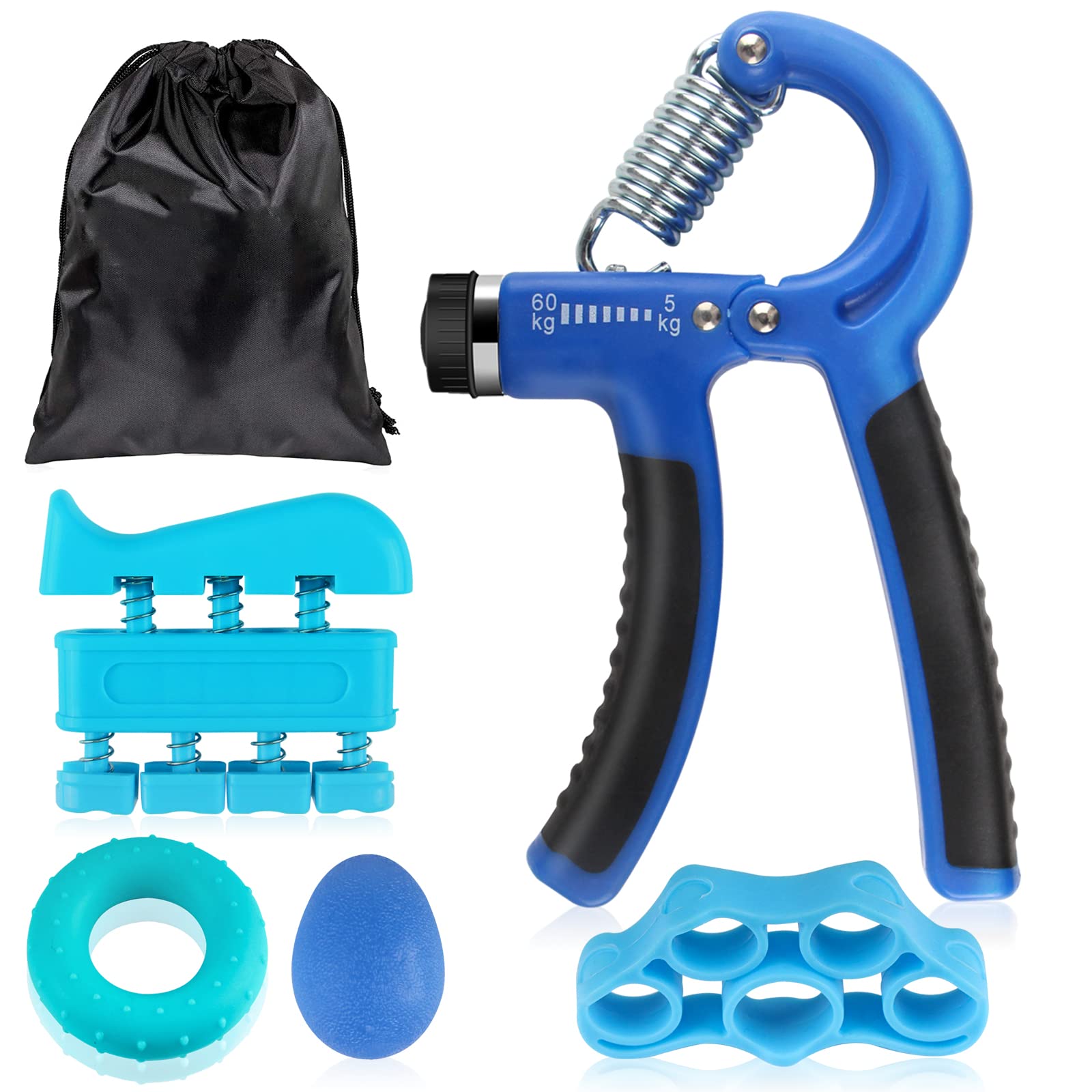 Hand Grip Strengthener Workout Kit with Forearm Grip Strength Trainer Adjustable, Finger Exerciser, Finger Stretcher, Grip Ring & Stress Relief Grip Ball for Muscle Building, Injury Recovery