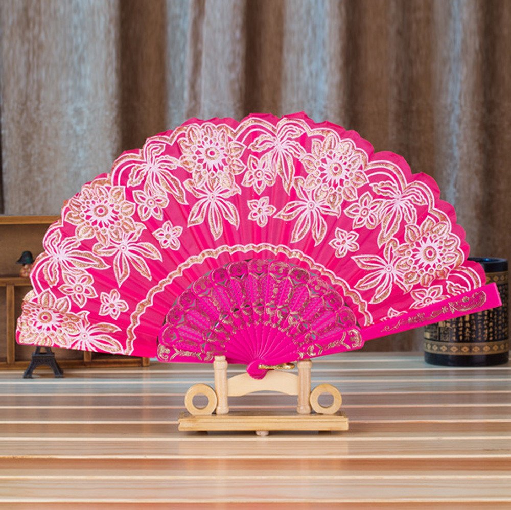 Hand Style Fan Wedding Chinese/Spanish Held Flower Dance Lace Silk Folding Party Tools & Home Improvement Happy Birthday Package for Men and (Hot Pink, One Size)