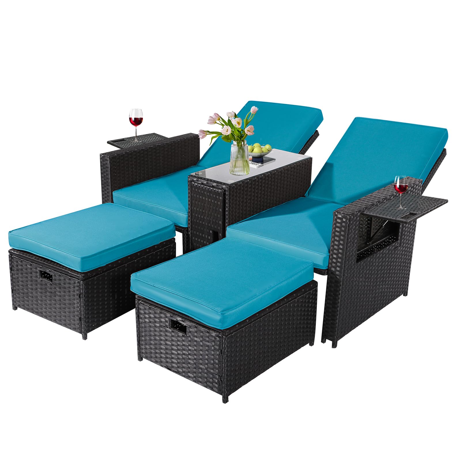 VUYUYU 5PCS Outdoor Wicker Chaise Lounge Chair - Rattan Adjustable Reclining Patio Lounge Chair with Ottoman and Coffee Table, for Patio Beach Pool Backyard (Black Wicker Turquoise Cushion)