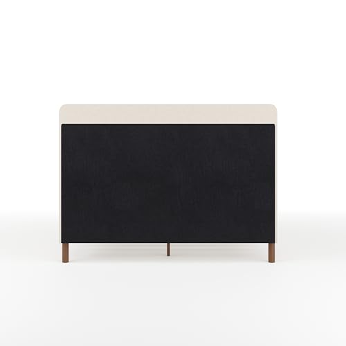 Martha Stewart Britta Platform Bed with Headboard & Footboard, Faux Linen Upholstery with Piping Detail, Rounded Headboard, No Box Spring Needed, Full, Beige