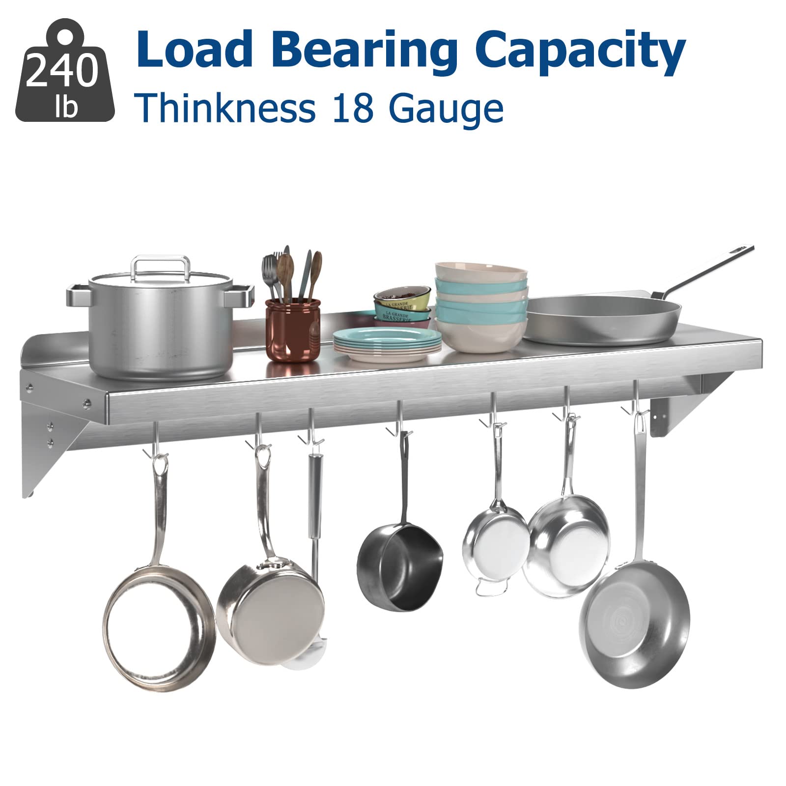 KIETLER 12" x 60" NSF Certified Stainless Steel Wall Mount Shelf - Multifunctional Metal Storage Rack with Backsplash and 7 Hooks