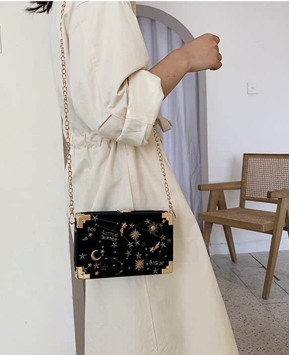 HANDAFA Elegant Velvet Clutch Handbag Star and Moon Evening Bag Chain Box Bag For Wedding Party(Black)