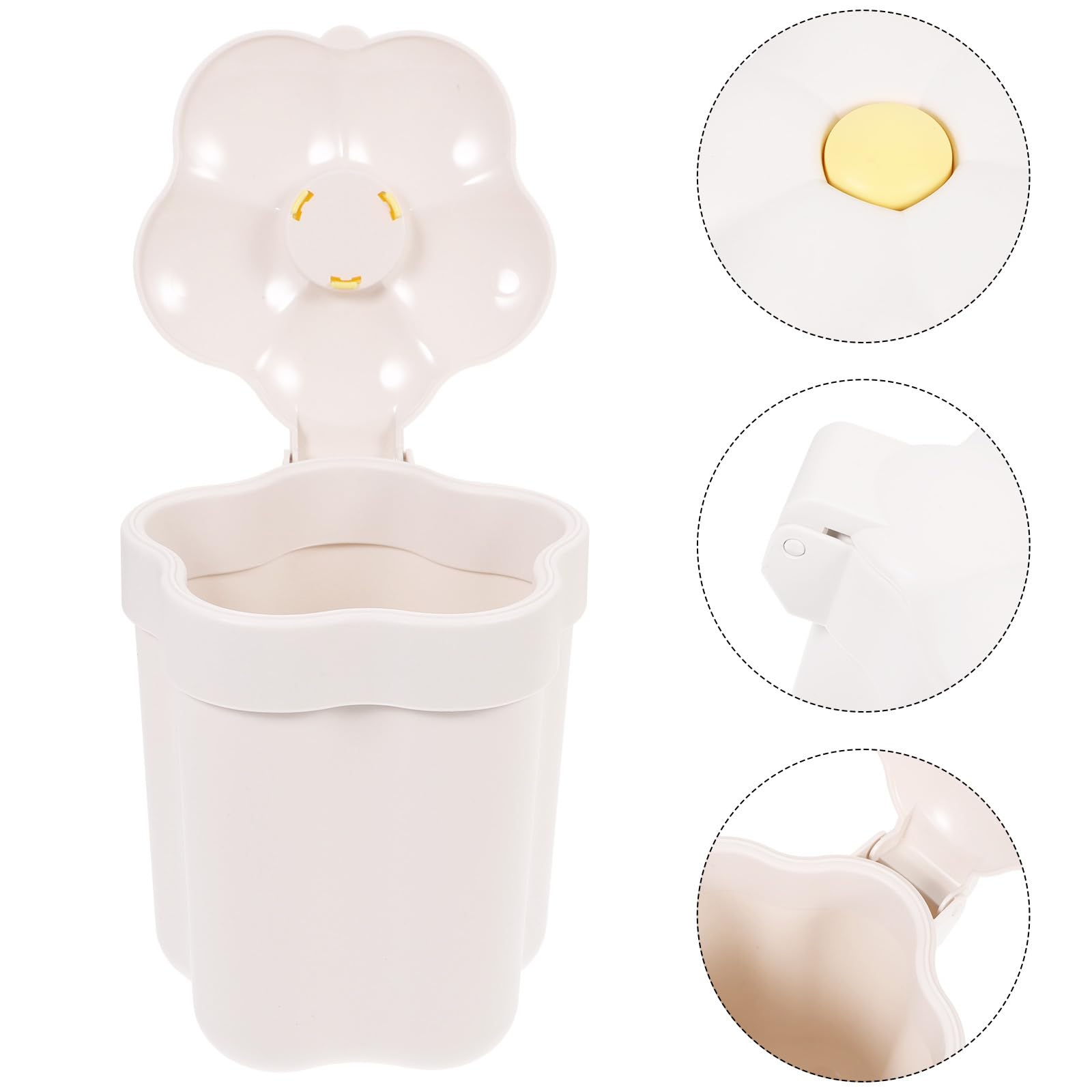 TEHAUX Mini Desk Trash Can with Lid, Desktop Mini Plastic Waste Garbage Can Countertop Garbage Bin Cute Flower Shape Wastebasket Mini Waste Can for Desk Car Office Home Kitchen, White
