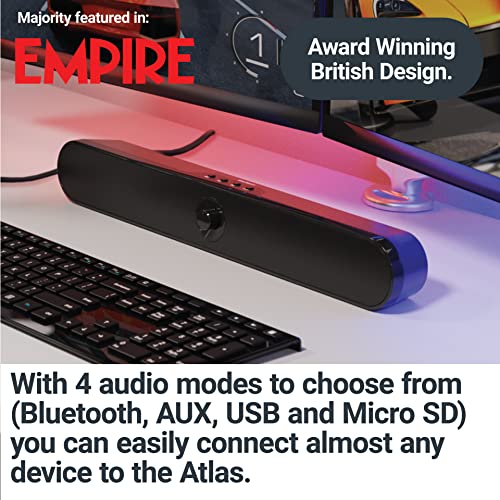 Majority Atlas Portable Bluetooth PC Soundbar | 20 Watts Powerful Stereo Sound | Portable Speaker with 8 Hours Playback | One Touch Control, USB, SD Card & AUX Playback Sound Bar for TV