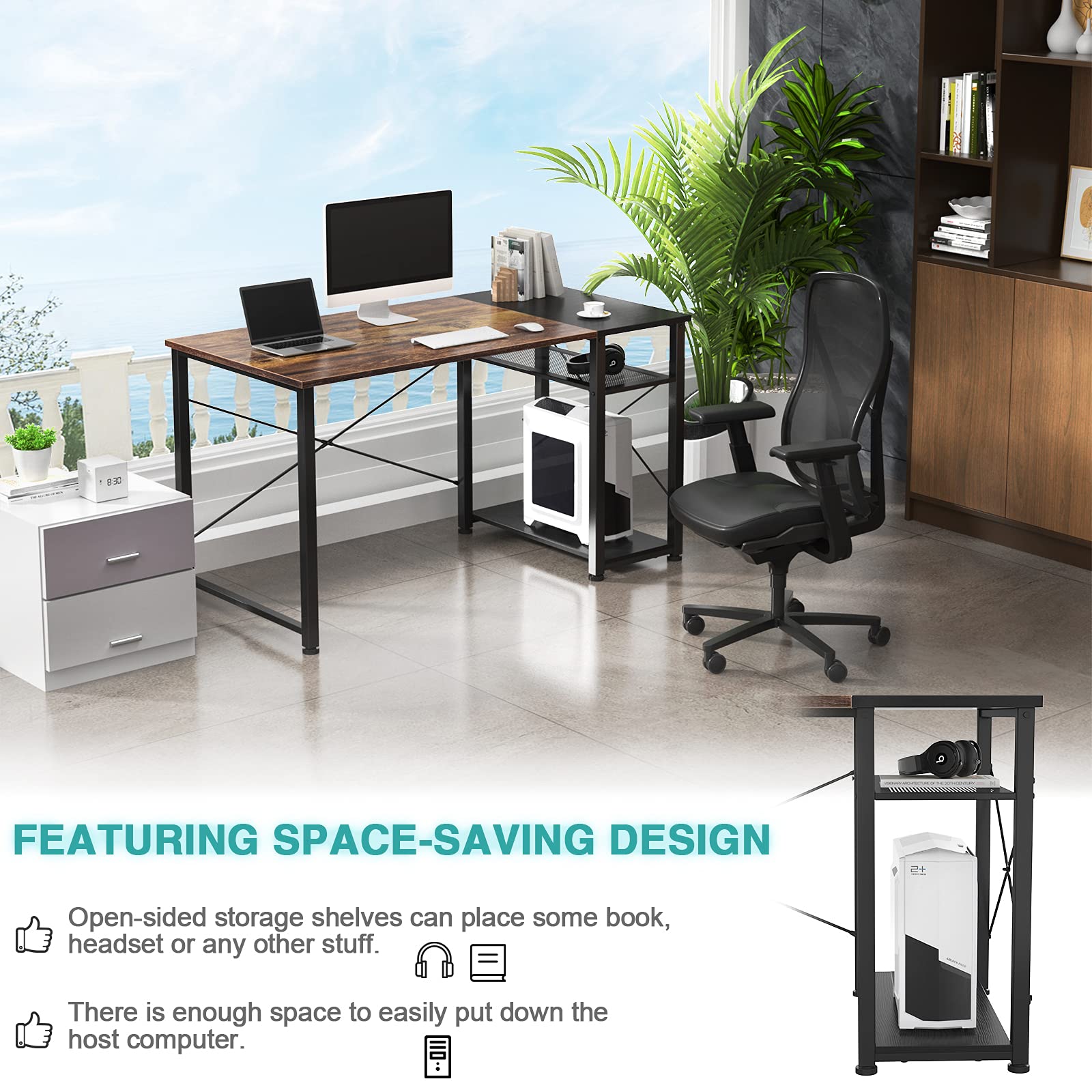 Foxemart Computer Desk 40 Inch Home Office Desk Industrial Sturdy Writing Table with Storage Shelves Modern Simple Style PC Desk for Home Office Study Room Workstation, Rustic Brown and Black