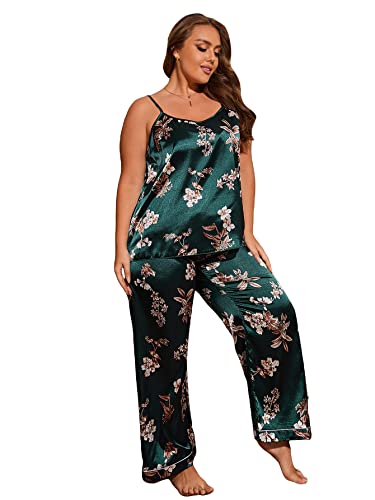 SOLY HUX Women's Plus Size Floral Print Satin Sleepwear Cami Top and Pants Lounge Pajama Set Dark Green 2XL