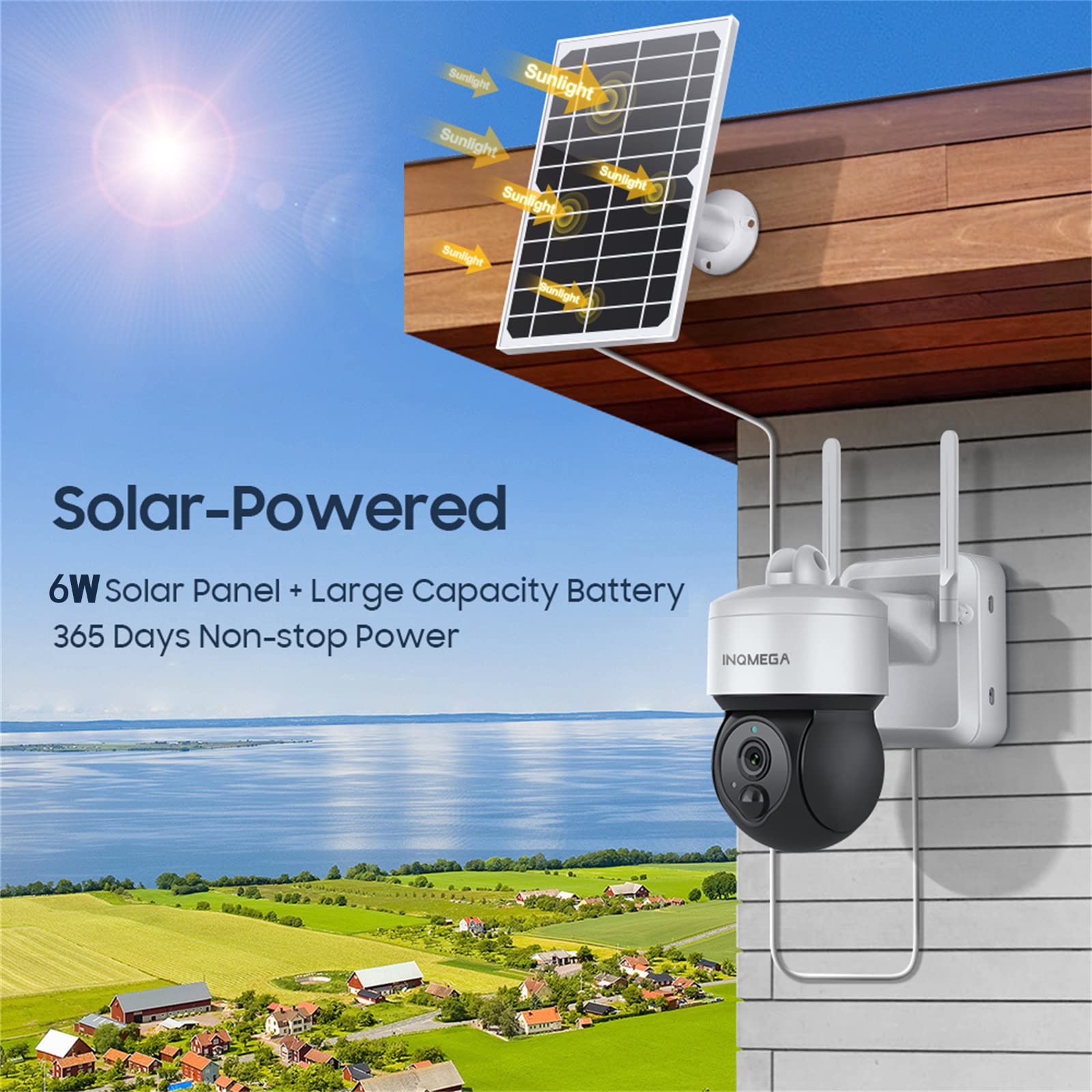 INQMEGA Solar Security Camera Outdoor, 360° PTZ WiFi Wireless Security Camera with 3MP UHD Night Vision, PIR Motion Detection and Siren,IP66 Waterproof,Two-Way Audio,SD/Cloud