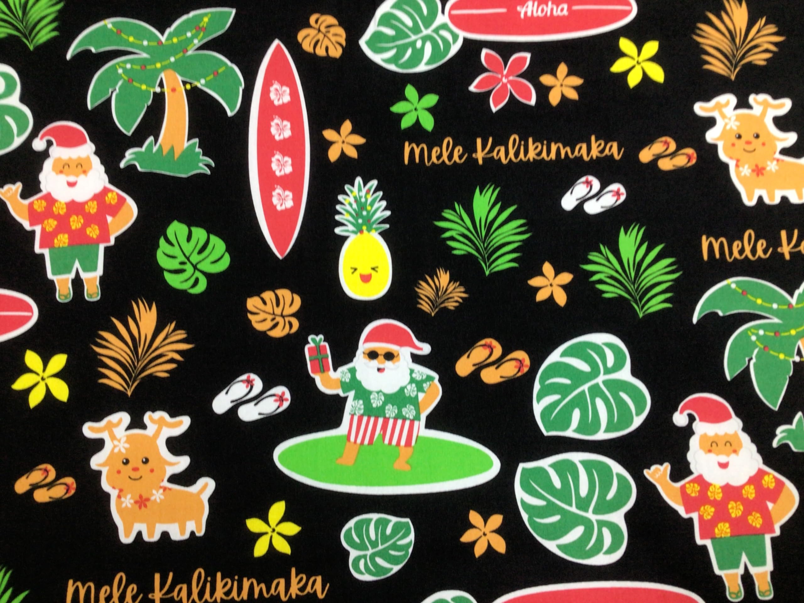 Mele Kalikimaka Hawaiian Christmas Surfing Santa in Black Background Hawaiian Print 100% Cotton Fabric Sold by The Yard