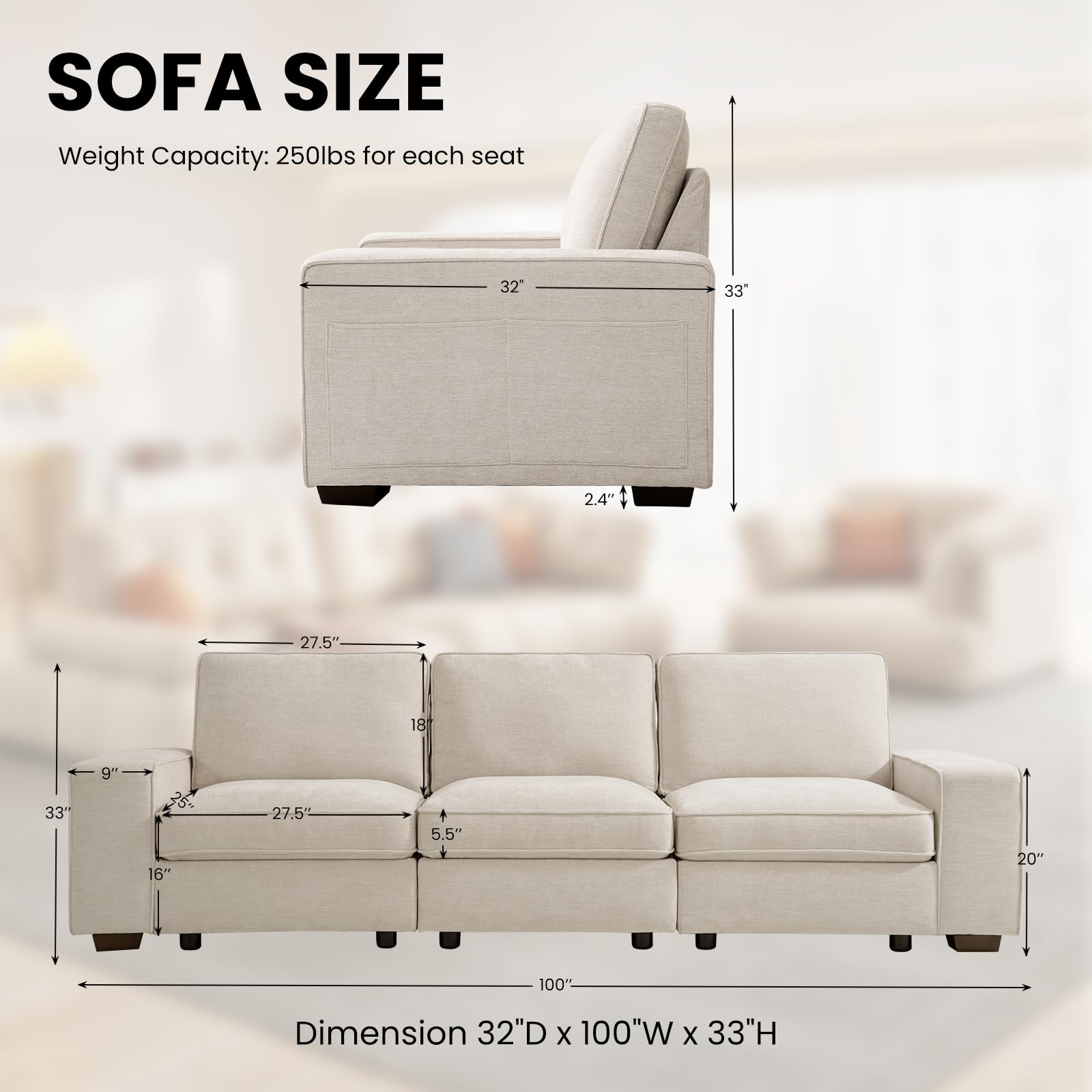 TEKAMON 100" Modular Sofa Couch with Seats Storage, Comfy 3-Seater Chenille Fabric Couch for Living Room, Office, Apart W/Deep Seat, Wide Arms, Side Pockets, USB, Upholstered Couch W/Removable Cover