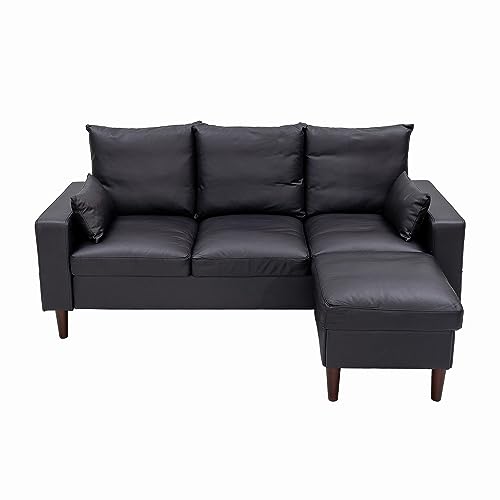 Panana Convertible Sectional Sofa Couch, 3 Seat L-Shaped Couch with Ottoman Set, Modern Balck Leather-Like Fabric Couches for Living Room, Office, Small Space (3 Seater with Ottoman)