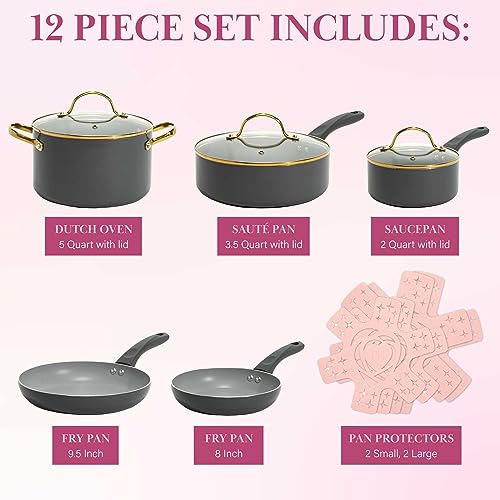 Paris Hilton Epic Nonstick Pots and Pans Set, Multi-layer Nonstick Coating, Tempered Glass Lids, Soft Touch, Stay Cool Handles, Made without PFOA, Dishwasher Safe Cookware Set, 12-Piece, Charcoal Gray