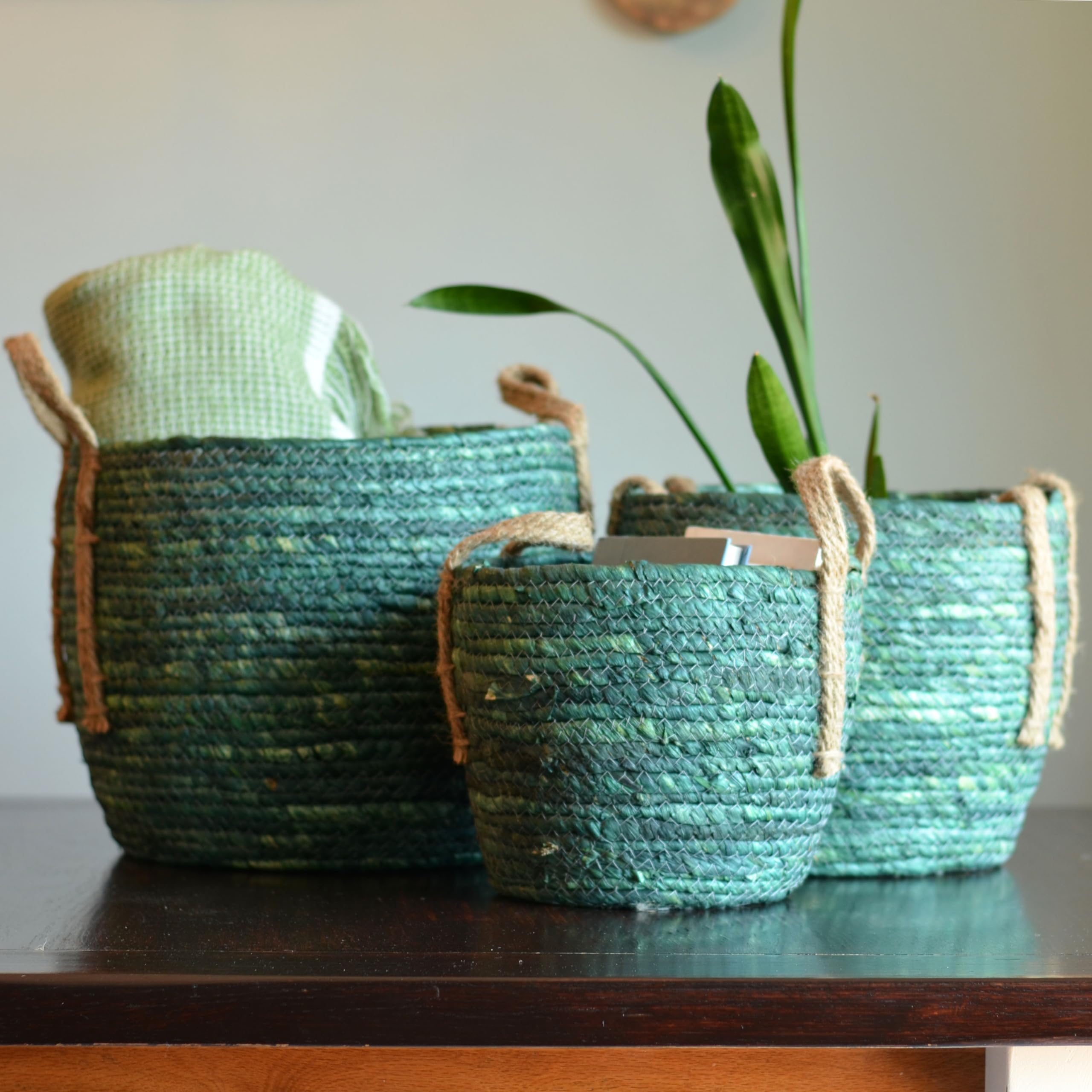 Farmers 3 Piece Basket Set, Green Dye Soaked Floor and Shelf Organizers, Corn Husk Wicker, Durable Chunky Rope Weave, Handles, Stitched, Reinforced, Rustic Home Decor, Round, 13, 11, 9 Inches