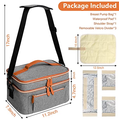 Tesuko Double-Layer Breast Pump Bag for Elvie, Willow Pumps and Medela Pump in Style, Pumping Bag with 2 Removable Dividers to Store Breast Pump, Baby Bottles and Pump Parts (Grey)