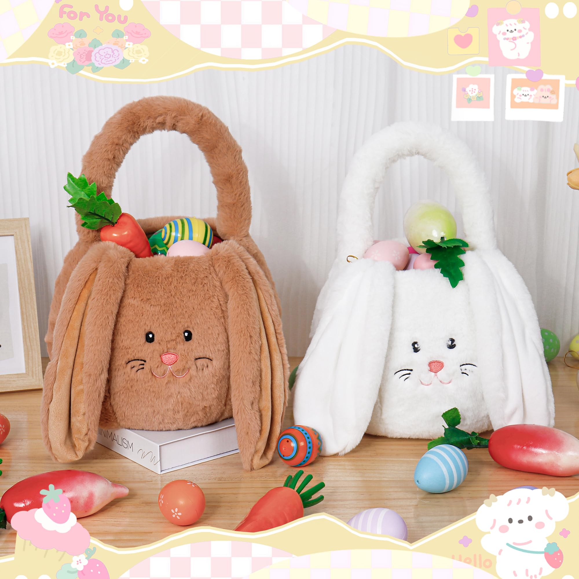 OurHonor Easter Basket Plush, Bunny Easter Basket For Kids, Plush Easter Buckets With Long Ear Easter Bags for Boys Girls, Easter Tote Bags For Decorations Gifts Storage (Brown)