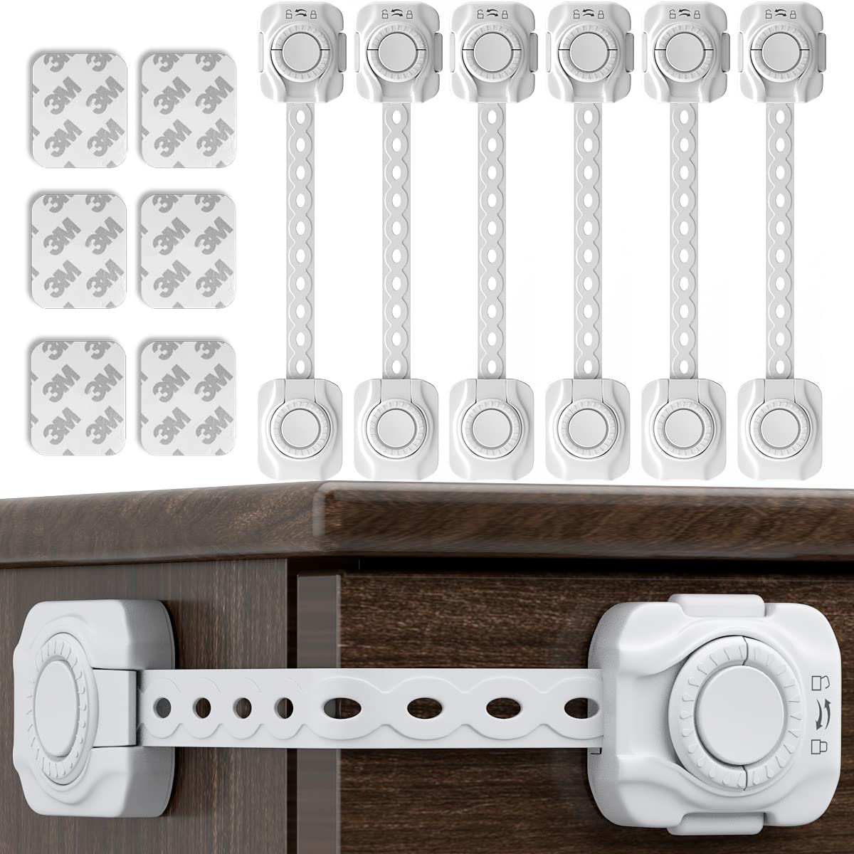 JOINPRO 6 Pack Safety Child Locks for Cabinets & Drawers, Fridge, Toilet, Latches, Baby Proofing Strap Locks with 6 Extra 3M Adhesives; Triple Lock Protection (Easy Installation, No Drilling Required)