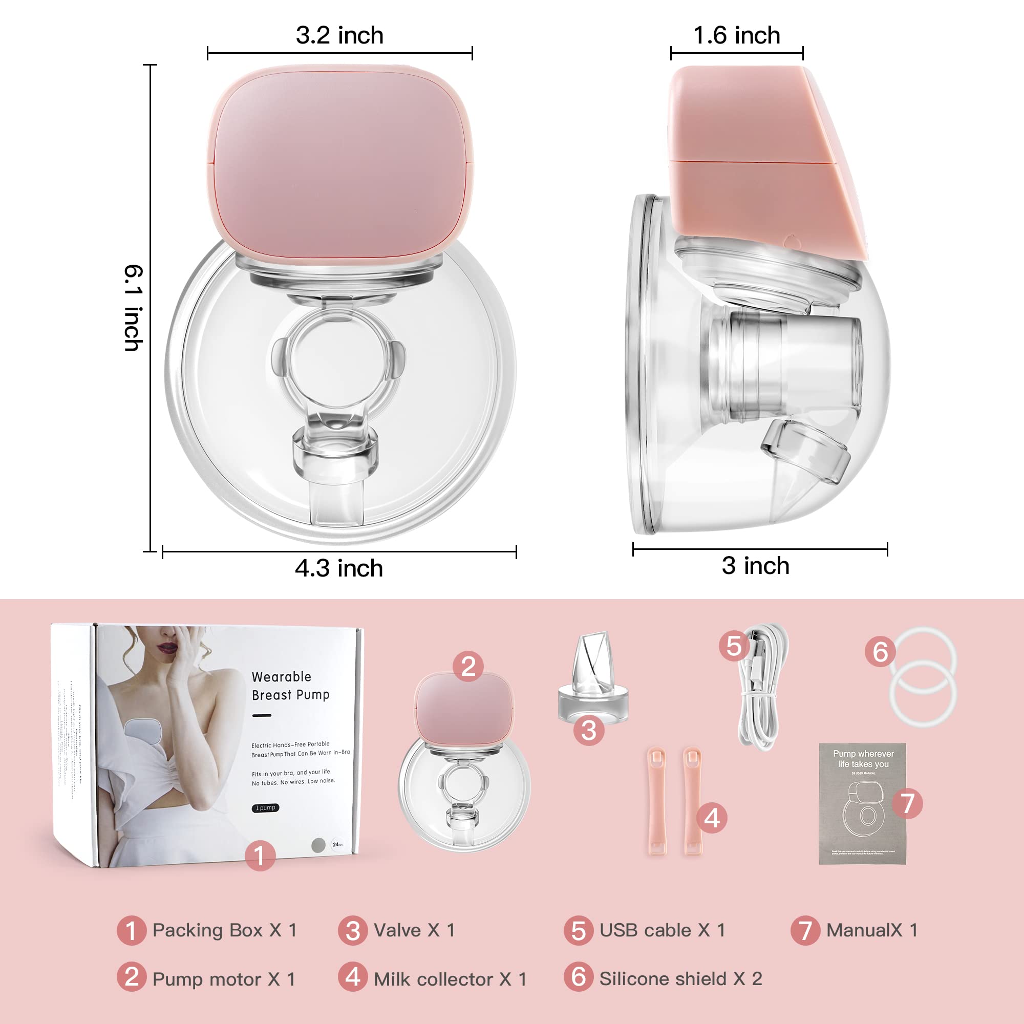 Kompoll Wearable Breast Pump Portable Electric Hands-Free Breast Pump with 2 Mode & 5 Levels, Wireless Worn in-Bra Painless Breastfeeding, Pink