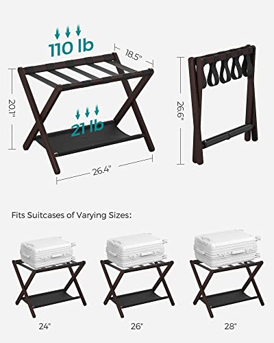 SONGMICS Luggage Rack, Folding Suitcase Stand with Storage Shelf, for Guest Room, Hotel, Bedroom, Heavy-Duty, Holds up to 131 lb, Chestnut Brown URLR007R01