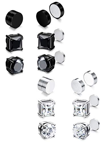 FIBO STEEL 6 Pairs Magnetic Stud Earring for Men Women Black CZ Magnet Non Pierced Clip On Earrings Set