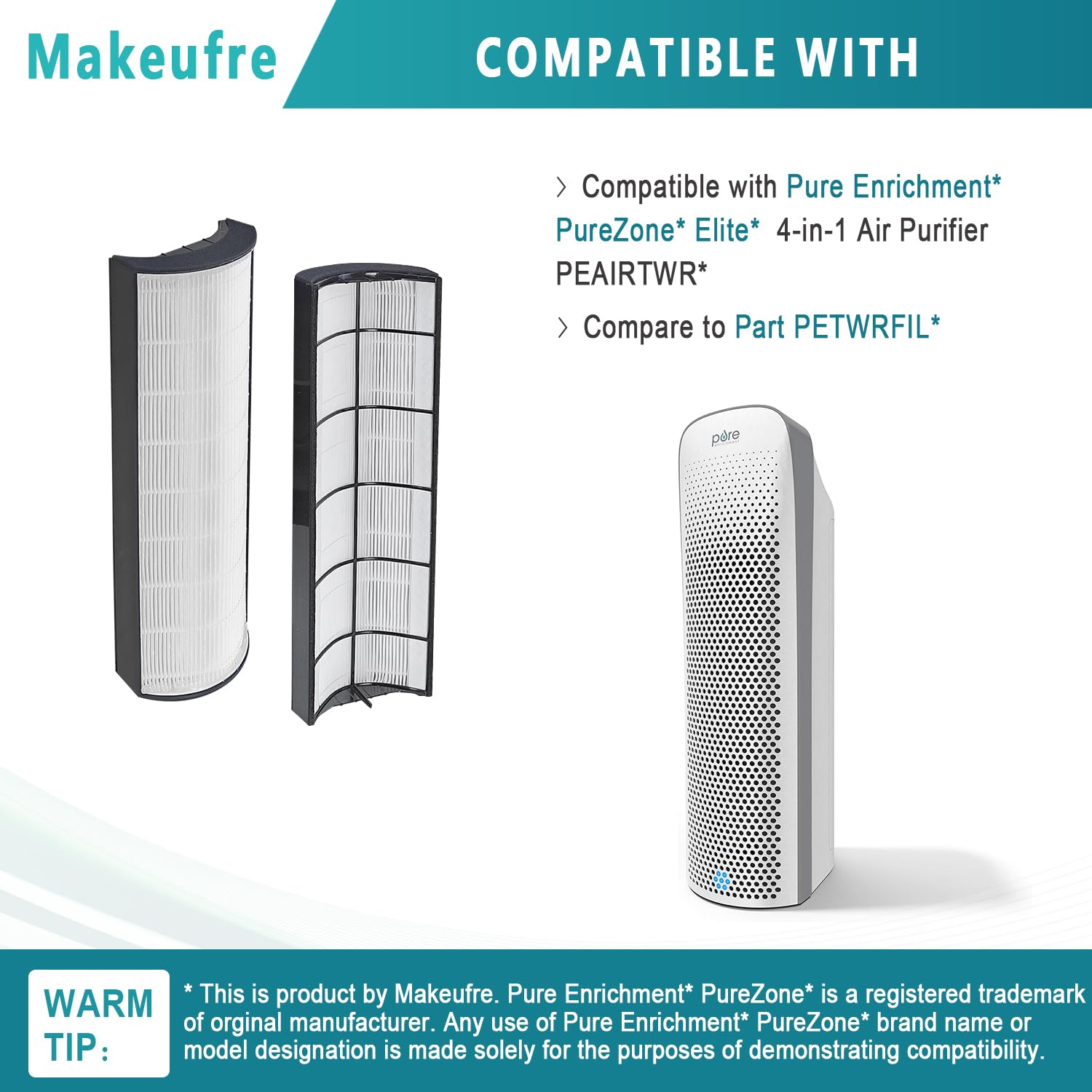 Makeufre Elite Filter Replacement PETWRFIL, Compatible with Pure Enrichment PureZone Elite 4-in-1 Air Purifier, 2 Pack (Elite Filter PET-WRFIL)