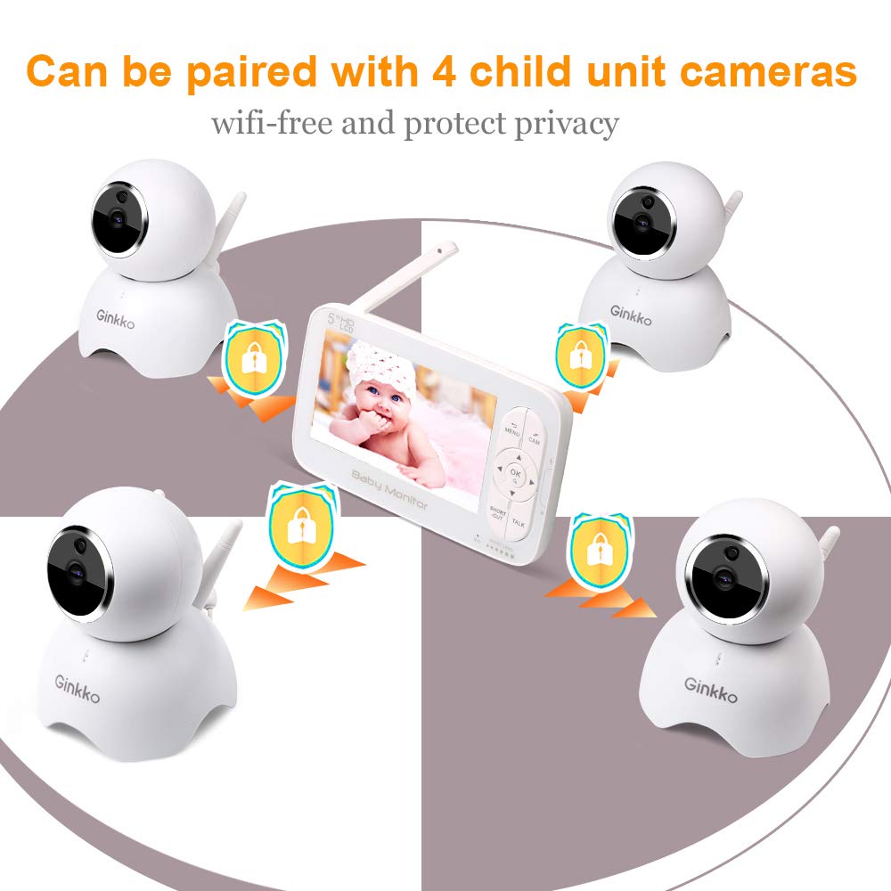 Ginkko Baby Monitor, 5" HD LCD,720P HD Digtal Color Video,Support 4 Camera with 110° Wide Angle,1000ft Range,Night Vision,Sound Detection,Temperature Alarm,Two-Way Audio,Sleep Mode,Feeding