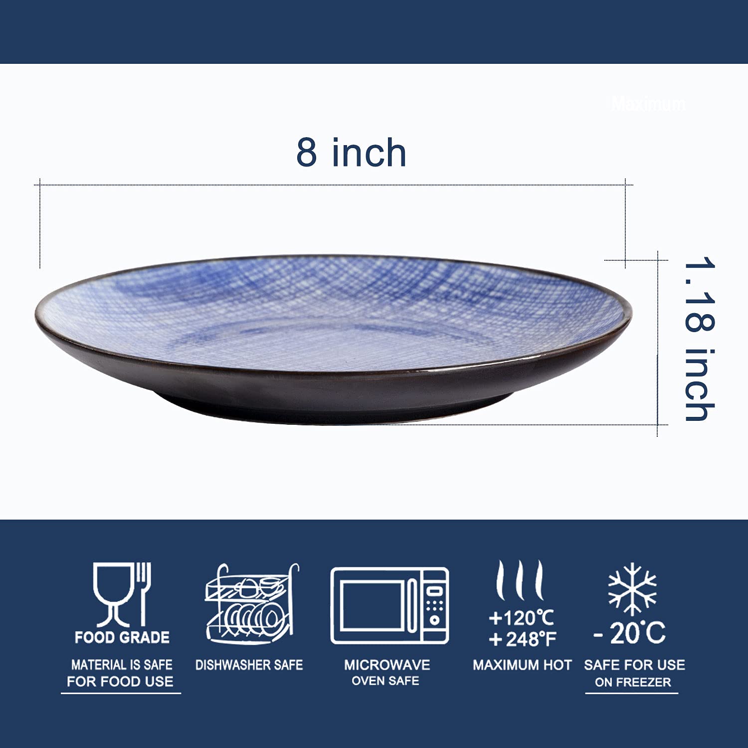 Houlu 8 Inch Salad Plates, Luncheon Plates Set of 6, Blue and White Porcelain Plates