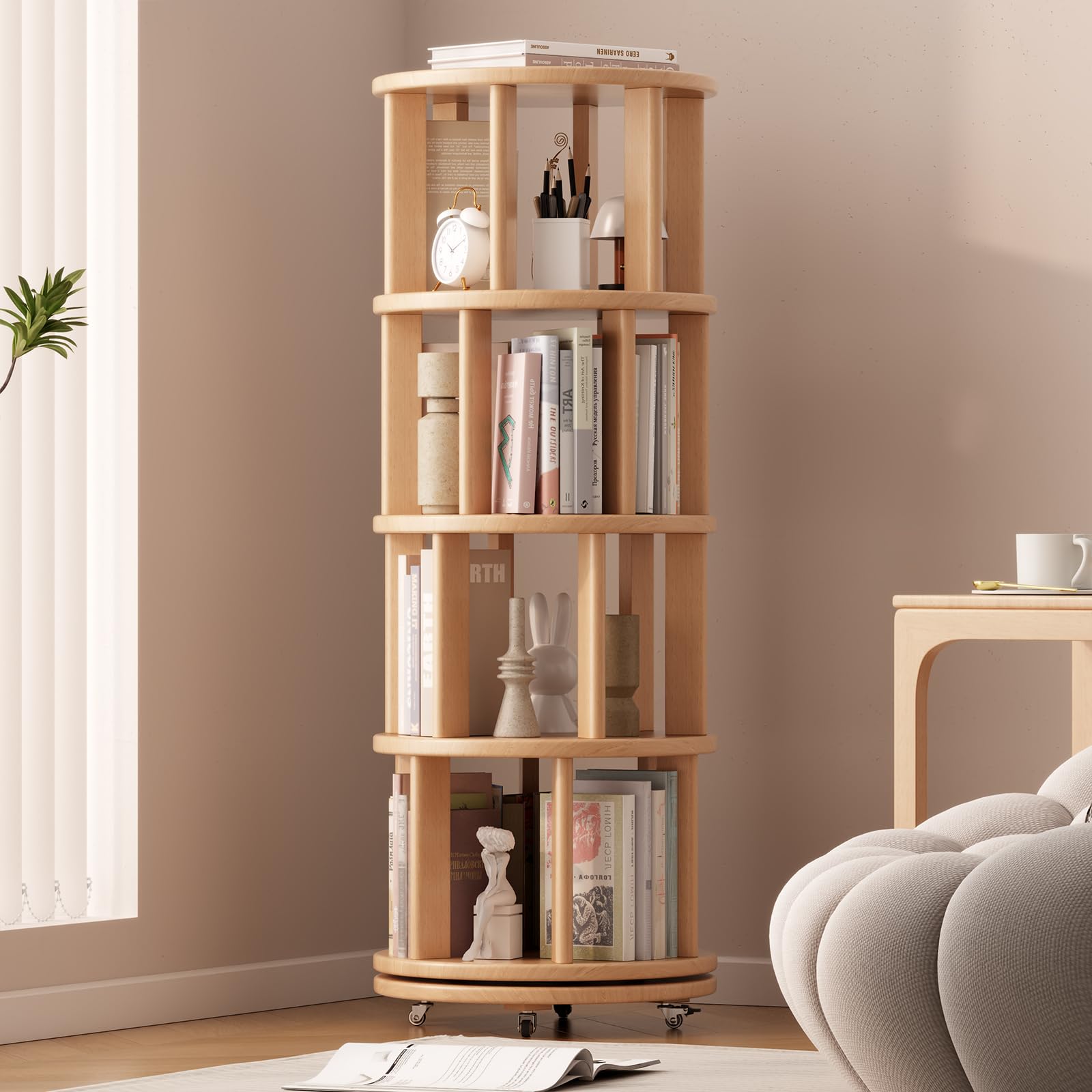 KASLANDI Solid Wood Rotating Bookshelf with Brake Wheels, 360°Display 6 Tier Floor Stackable Spinning Bookshelf Tower for Kids & Adults, Revolving Bookcase for Small Space, Corner (Walnut)