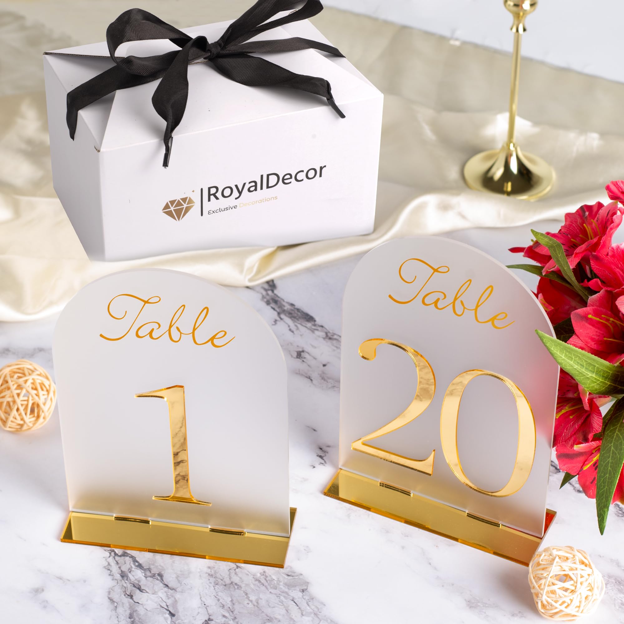 RoyalDecor's Frosted Arched Acrylic Table Numbers 1-20 with Gold Mirror Number and Stands - Perfect Wedding Table Decorations Accessories - Small Number Stand Centerpieces for Reception Tables - 5x7