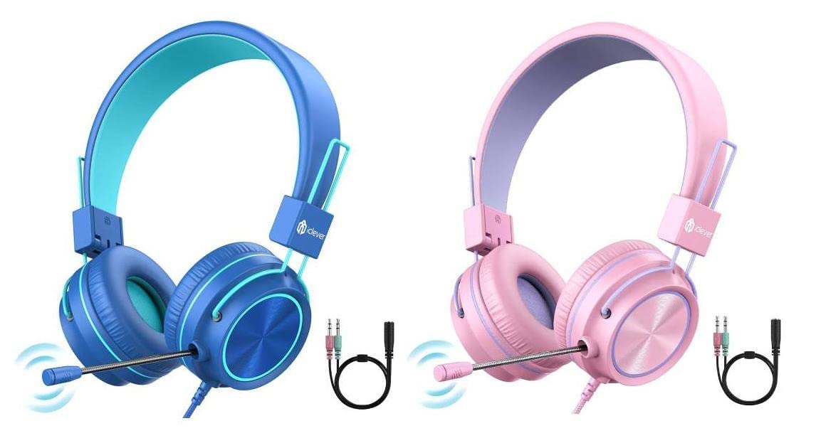 iClever HS21 Kids Headphones with Microphone for Virtual School Blue & Pink Bundles-Rotatable Extendable Mic - 94 dB Volume-Safe Headphones for Kids, Wired Foldable Kids Gaming Headset for PS4/Xbox