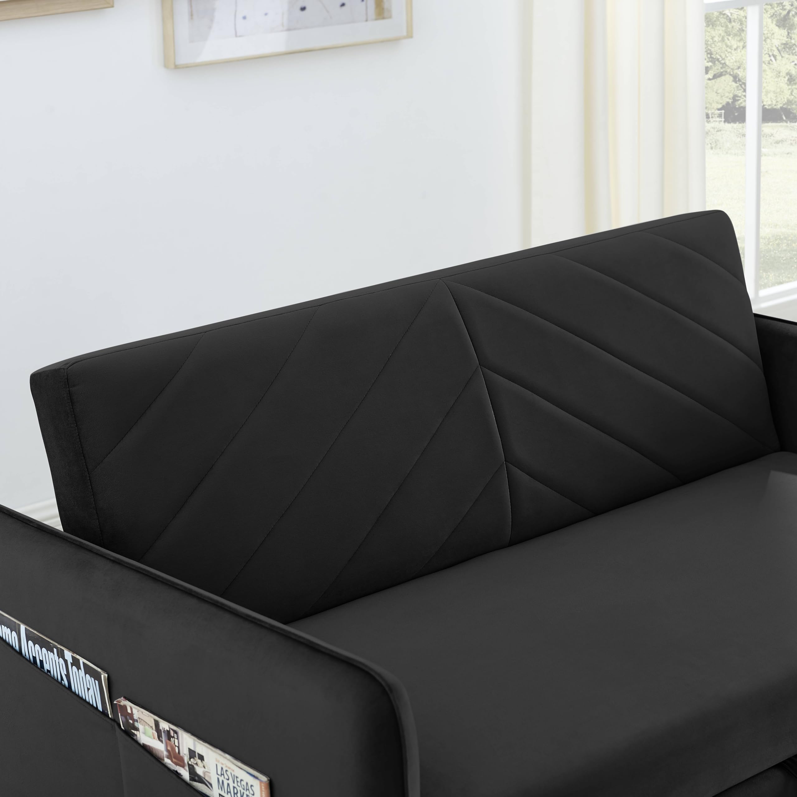 Mofolit Convertible Modern Sleeper Sofa Bed w/USB Port, 3-in-1 Adjustable Sleeper Sofa Couch w/Pull-Out Bed, Pillows & Side Pocket, Velvet for Living Room,Apartment,Small Space 55.5“(Black)
