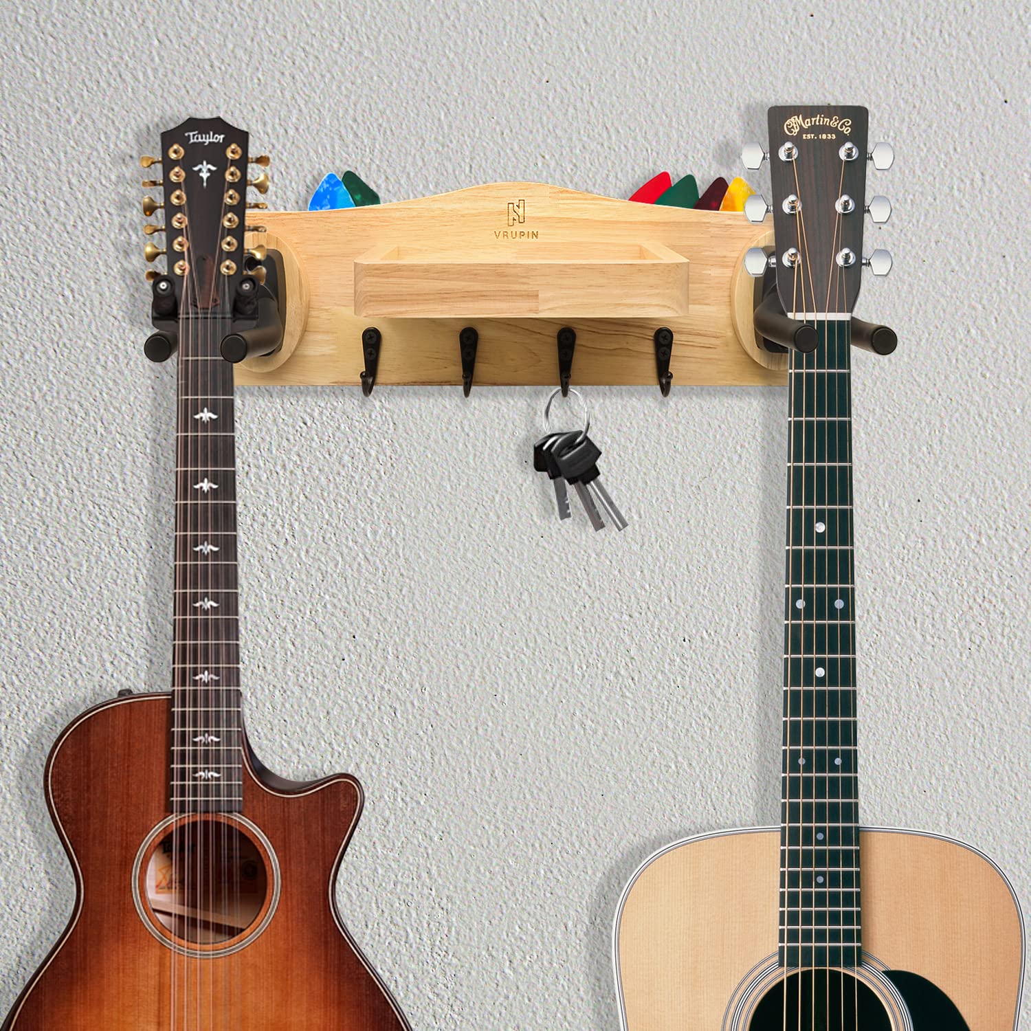 HPGJLEE Guitar Wall Mount, Natural Solid Wood Guitar Hanger with Shelf and Pick, Guitar Wall Holder, Guitar Stand, Guitar Rack
