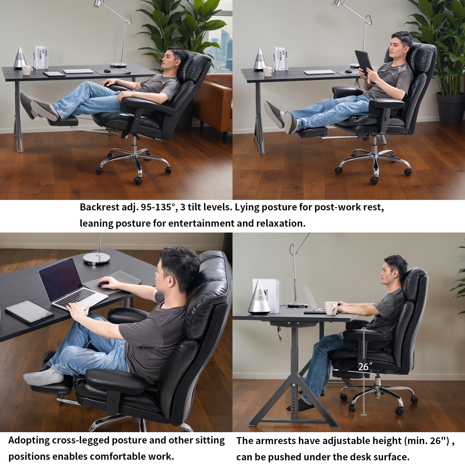 KUMEPOJO Big and Tall Office Chair 400lbs, Wide Seat, Telescoping Leg Rests, Adjustable Armrests - Comfortable Office Chair for Lower Back Pain, Black Heavy-Duty Leather Office Chair