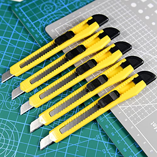 KINBRIEF 9mm Utility Knife Retractable Razor Box cutter for Cartons,Carboards compact Pack 5 with 10 Snap off Blades for Office and Home,yellow